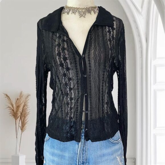 No Comment | Tops | Romantic Goth Office Siren Black Stretchy Sheer Lace Button Down Blouse L ...